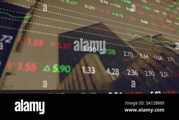 Animation of stock market numbers and arrows reflecting on skyscraper ...