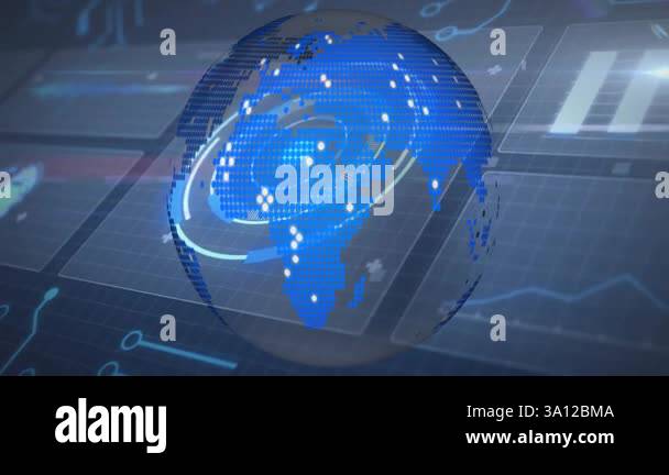 Rotating digital globe with data processing animation over grid background. Technology ...