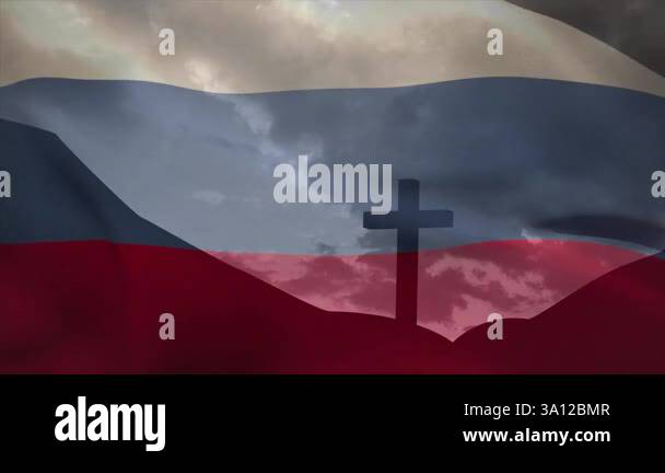 Waving flag with cross silhouette against cloudy sky in animation scene ...
