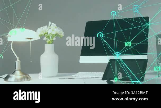 Digital network animation over modern workspace with computer and ...