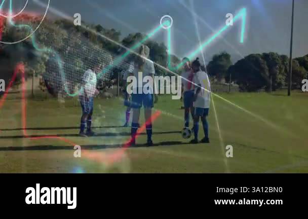 Youth soccer players practicing on field with financial data animation ...