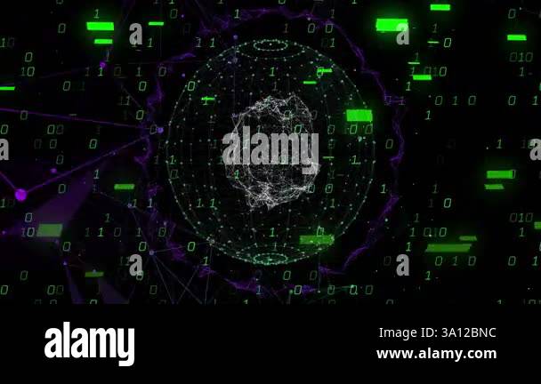 Digital binary code and geometric shapes forming complex network animation. Technology, cyber ...