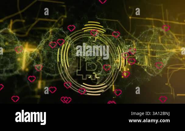 Bitcoin symbol with digital hearts and network connections in animated ...