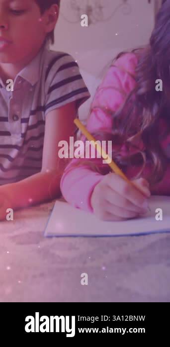 Animation of sparkles over diverse pupils writing in notebooks. hand ...