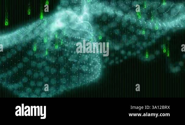 Forming abstract hand shape, digital binary code with glowing particles ...