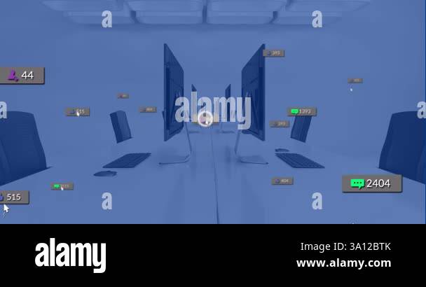 Animation of digital interaction metrics floating over computers in ...
