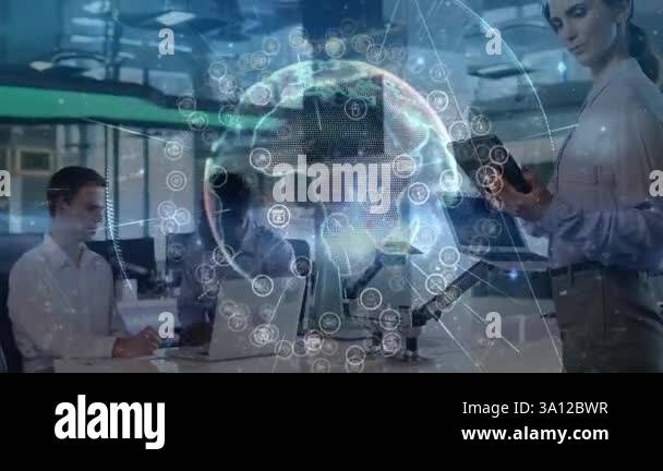 Using technology in office, diverse professionals connecting over global network animation ...