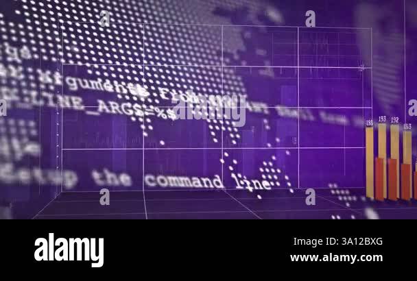 Animation of rising bar graph with numerical data over digital world map. Statistics, analytics ...