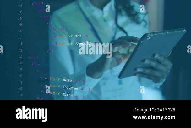 Using tablet with HTML code overlay, person learning animation in school. Technology, coding ...