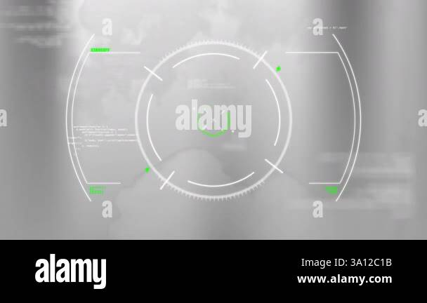 Green indicators on digital targeting interface, animation over blurred ...