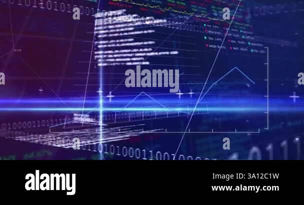 Binary code and financial graphs overlaying digital data processing animation. Finance ...