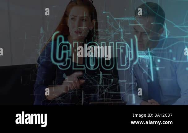 Discussing technology, people with cloud computing animation overlay in ...