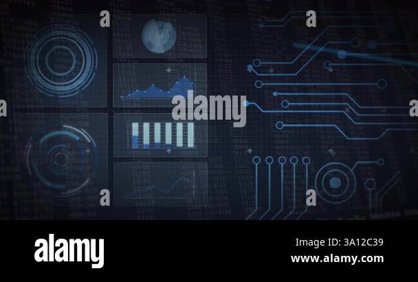 Animation of digital interface showing data charts and circuits on dark ...