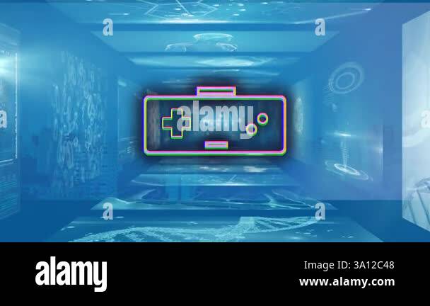 Animation of game controller icon on digital screens with scientific ...