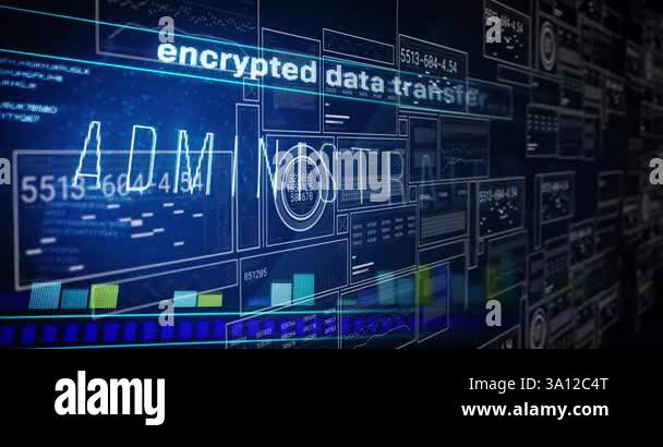 Encrypted data transfer text over digital graphs and charts animation ...