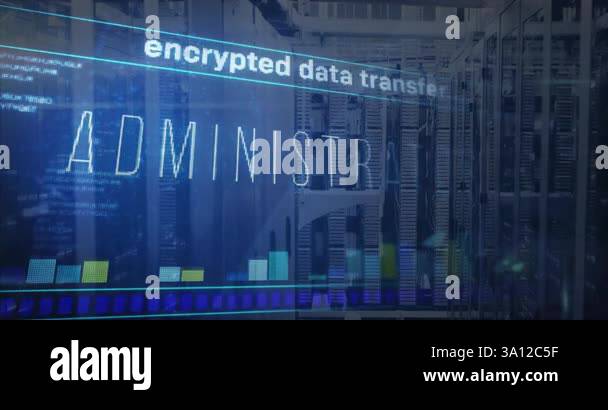 Encrypted data transfer text animation over server racks in data center. Cybersecurity ...