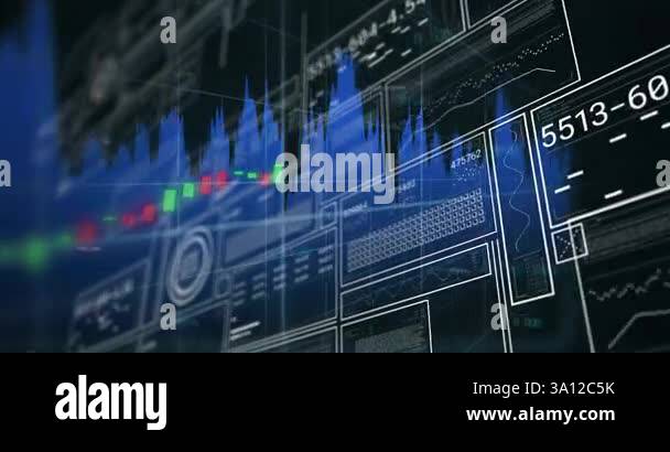 Animation showing financial data charts and digital interfaces for stock market analysis ...