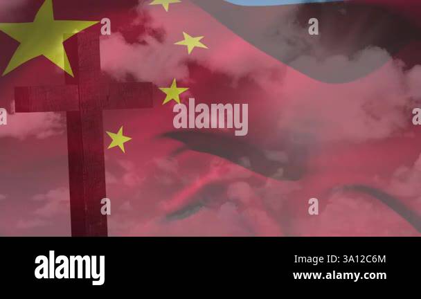 Overlapping Chinese and American flags with cross and clouds in ...