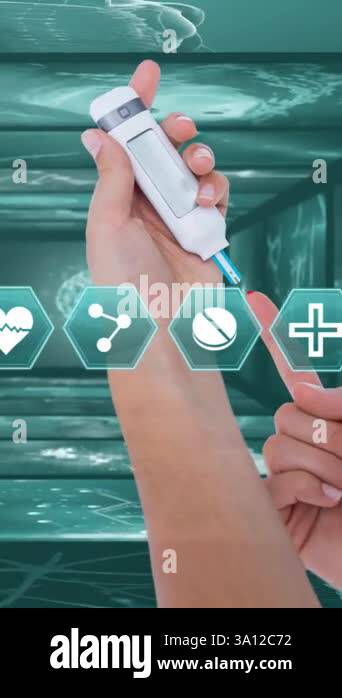 Animation of medical icons over patient using glucose meter. health ...