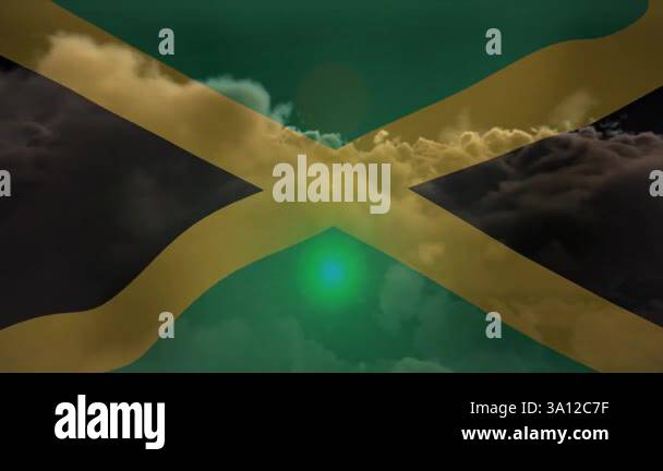Jamaican flag with animation of dramatic clouds and glowing sun in ...