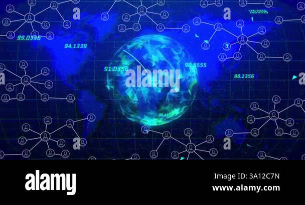 Animation of digital globe with network connections and data on blue ...