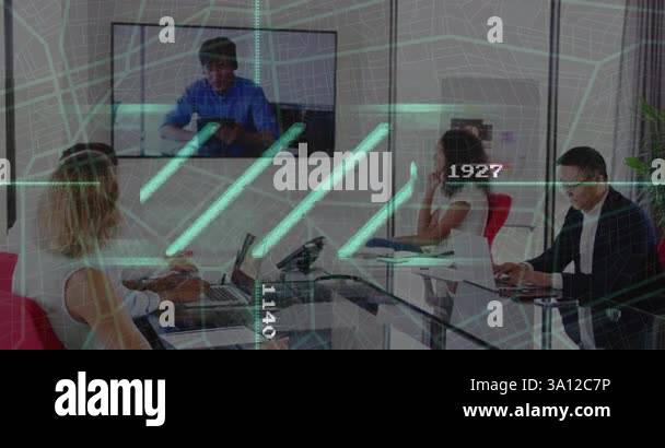 In office, business team using digital map overlay during video call ...