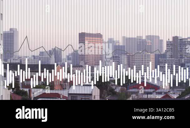 Animation of data graphs overlaying city skyline buildings at sunset ...