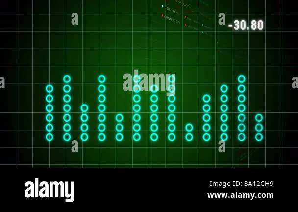 Glowing blue bar graph animation over green grid with numerical data. Data visualization ...