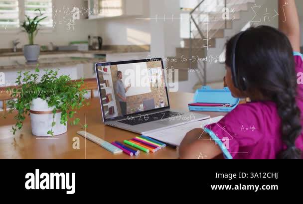 In school, child learning math online with animation equations on ...