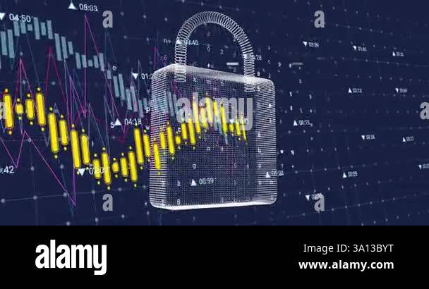Digital padlock over financial data charts and binary code animation. Cybersecurity, encryption ...