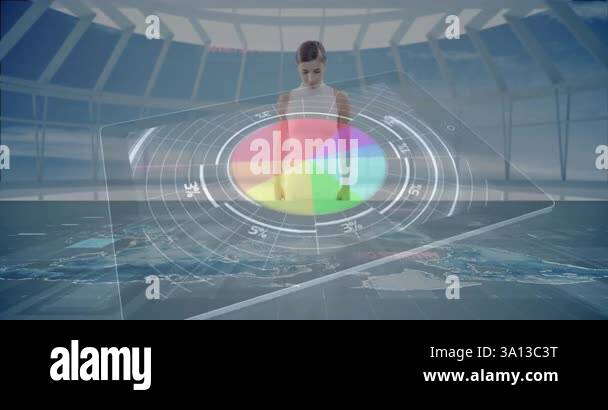 Interacting with holographic pie chart, woman using digital world map ...