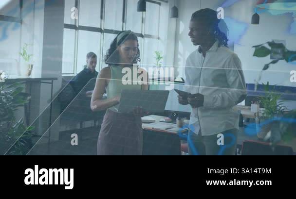 Two colleagues discussing work over digital data processing animation ...