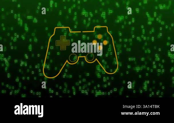 Animation of game controller over digital green matrix with glowing ...