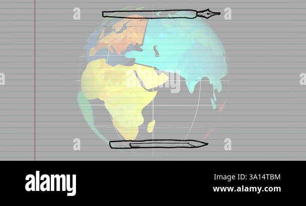 Animation of fountain pens and globe with text on lined background ...