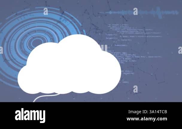 Animation with digital code and circular interface, cloud graphics on ...
