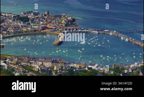 Aerial view of Roscoff cityscape, with Roscoff jetty in the background ...