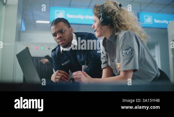 Airport Security Checkpoint: Multiethnic TSA Officers in Headset Using ...