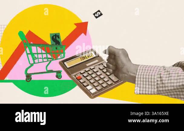 Hand holding calculator near shopping cart with dollar signs and price ...