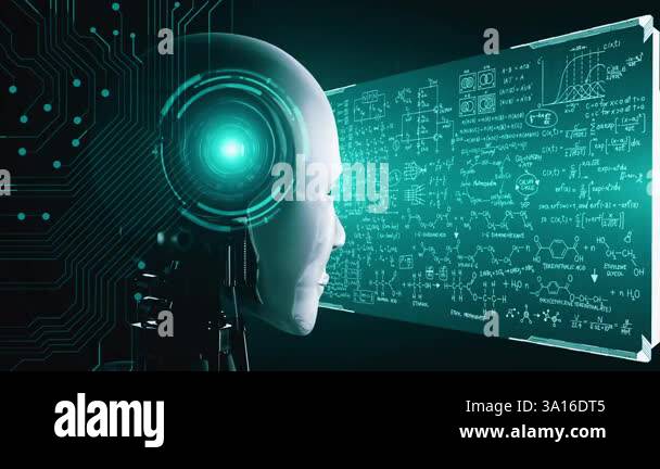 hominoid AI robot looking at hologram screen in concept of math calculation and scientific ...