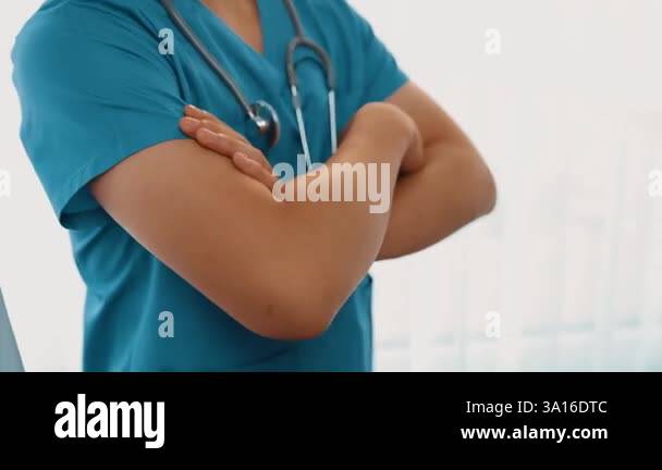 Confident and professional team of medical staff stand in line together ...