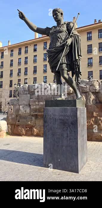 Zaragoza, Spain. February 28, 2025: Bronze statue of caesar augustus ...