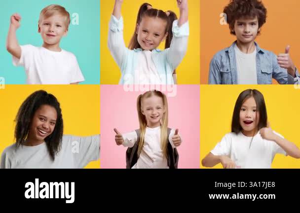 A group of six children shows enthusiasm with thumbs up and smiles, set ...