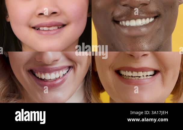 Four people with cheerful smiles are shown against a vibrant yellow ...