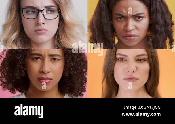 Four individuals with diverse backgrounds showcase strong emotions ...