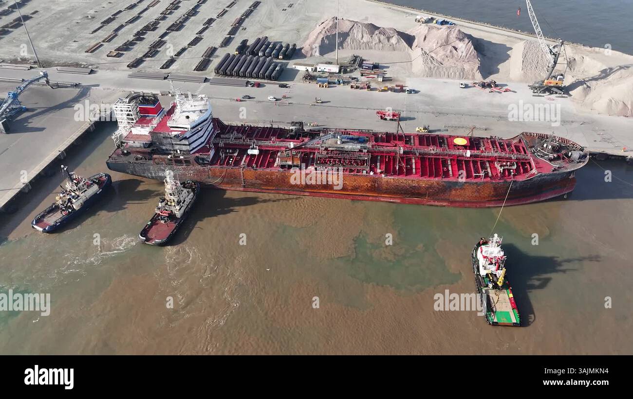 Drone footage of Stena Immaculate as tanker is towed to harbour for ...