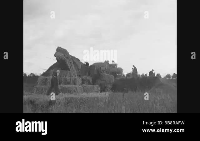 GERMANY - 1945 - German farmers thresh and bale wheat in Cologne post ...