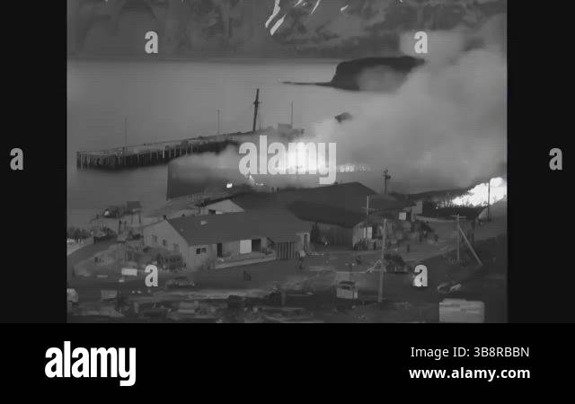 ALASKA - 1942 - Wreckage in Alaska's war-torn Dutch Harbor burns after ...