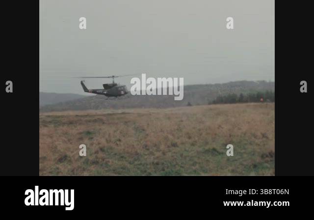 NORWAY - 1972 - US Marines land and exit a helicopter during Exercise ...