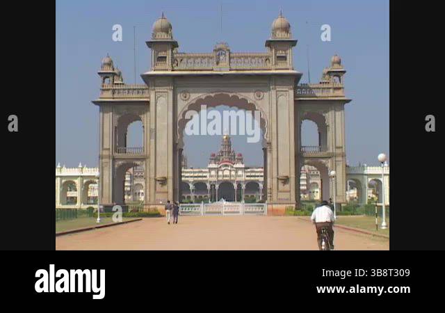 INDIA - 1999 - Distant exteriors of India's Mysore Palace include the ...