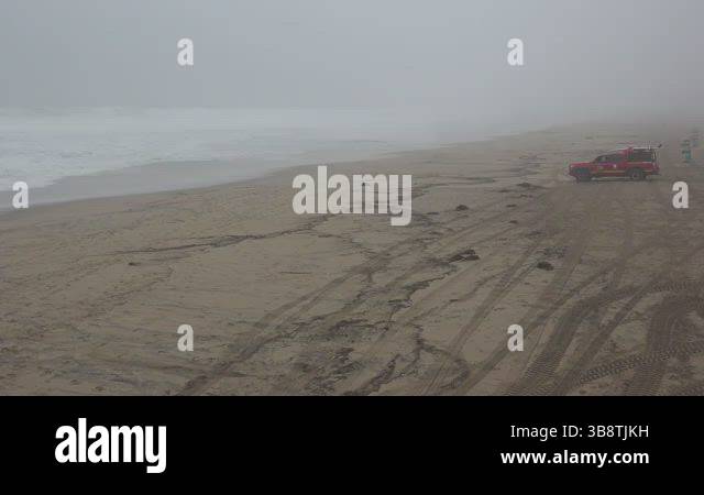 LOS ANGELES - 2.5.2025 - Great aerial view of a lifeguard van on a ...